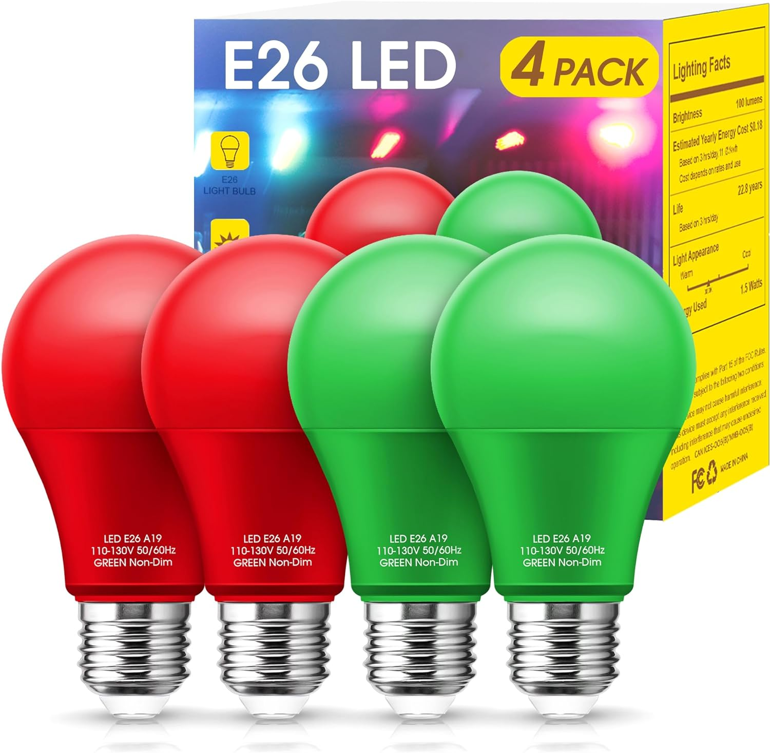Red Light Bulbs Green Light Bulbs 4 Pack - A19 LED Red and Green Bulbs ...