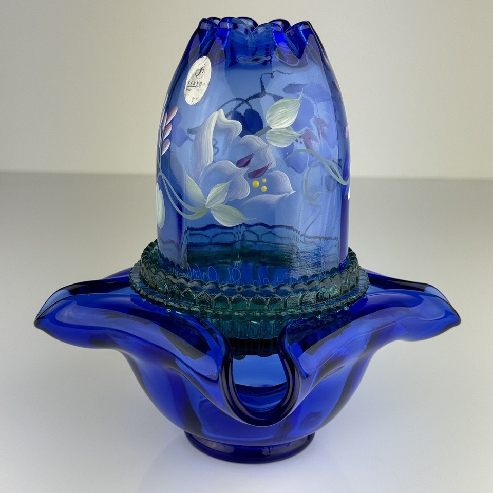 Fenton cobalt blue and green 3 Piece fairy lamp hand painted George W ...
