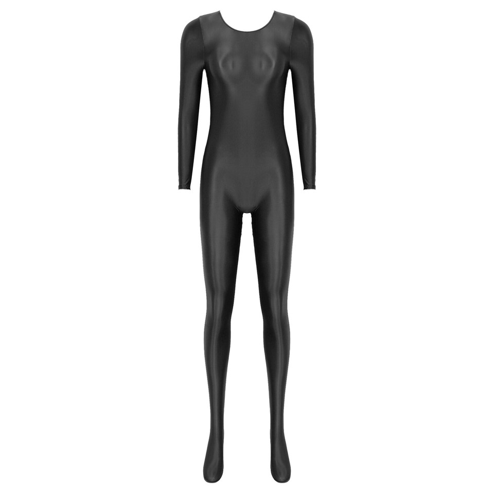 Women Glossy Oily Bodysuit Stretchy Unitard Long Sleeve Jumpsuits ...
