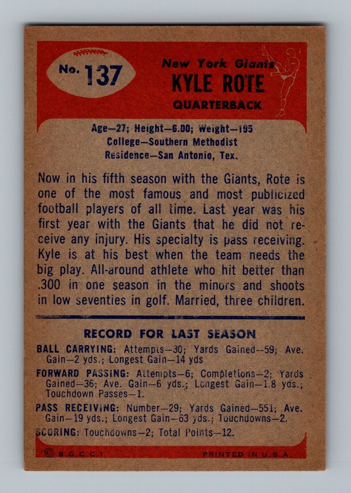 1955 Bowman #137 Kyle Rote EX-EXMT Football Card | eBay
