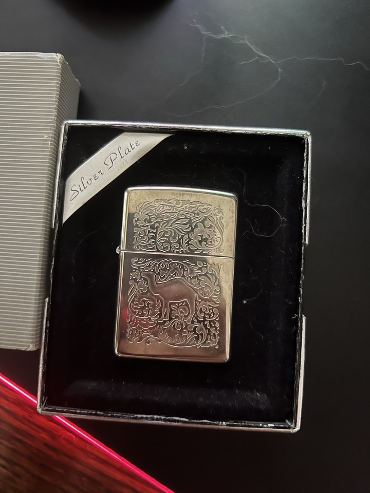Zippo Silver Plated Engraved Camel Lighter In Gift Box 1995 Vintage ...
