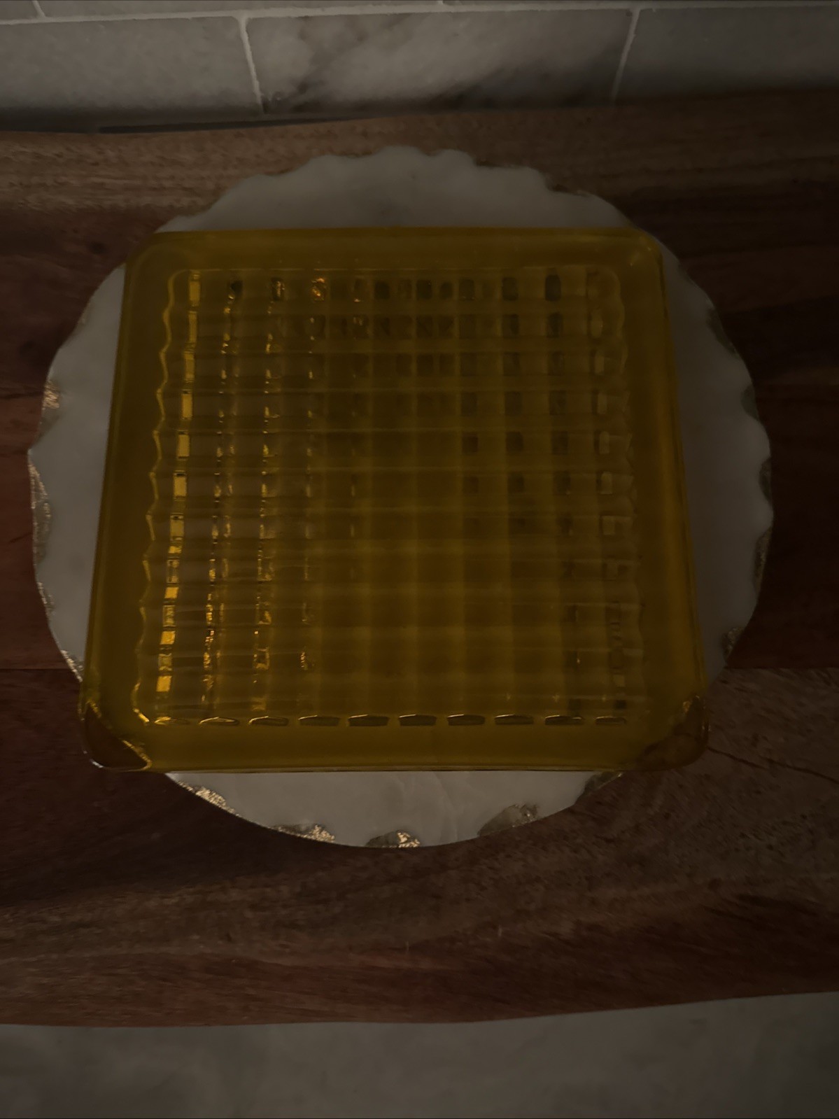 Vintage Golden Yellow Amber Glass Square Trivet Lid Glows A Little W ...
