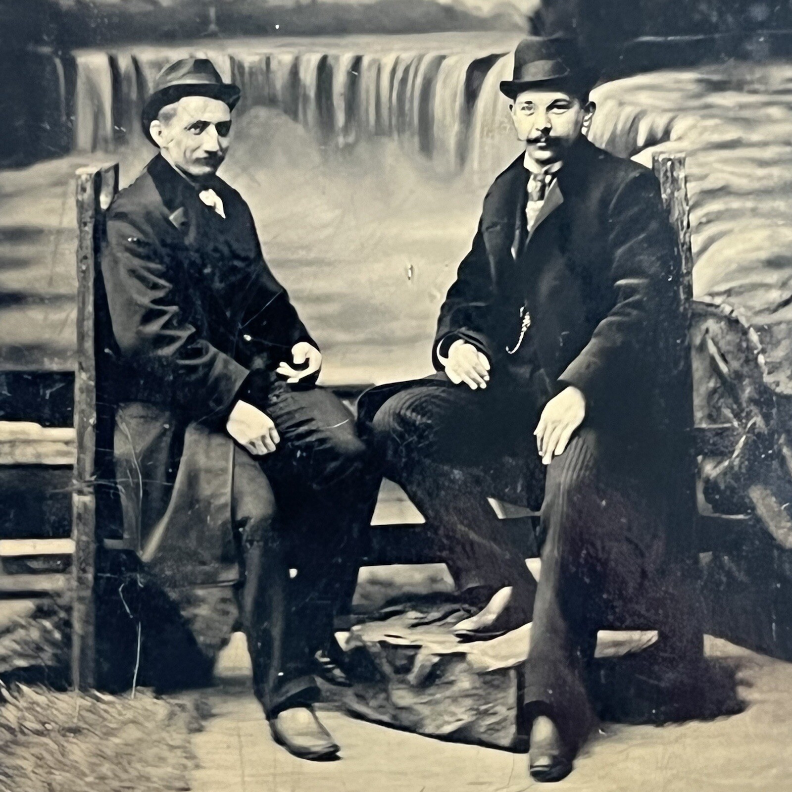 Antique Tintype Photograph Dapper Handsome Men Hats Mustache Waterfall ...