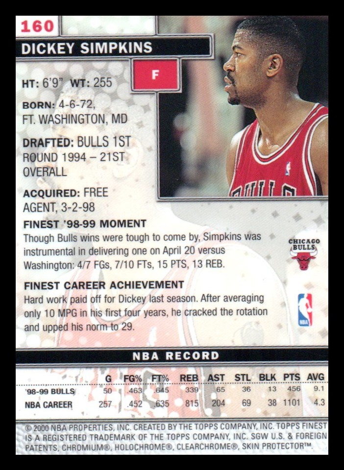 1999-00 Topps Finest #160 Dickey Simpkins NBA Basketball Chicago Bulls ...