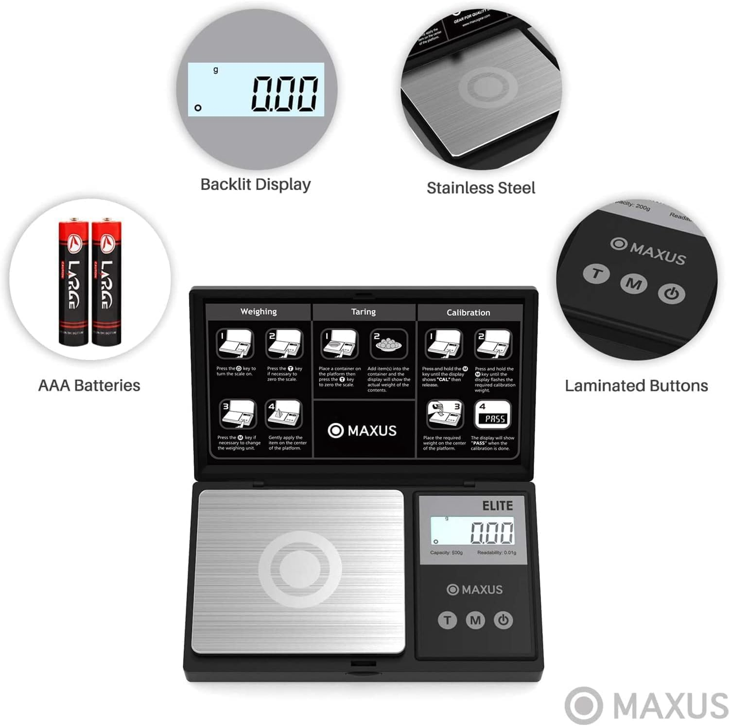 MAXUS Precision Pocket Scale 500G X 0.01G, Digital Gram Scale with Tray ...