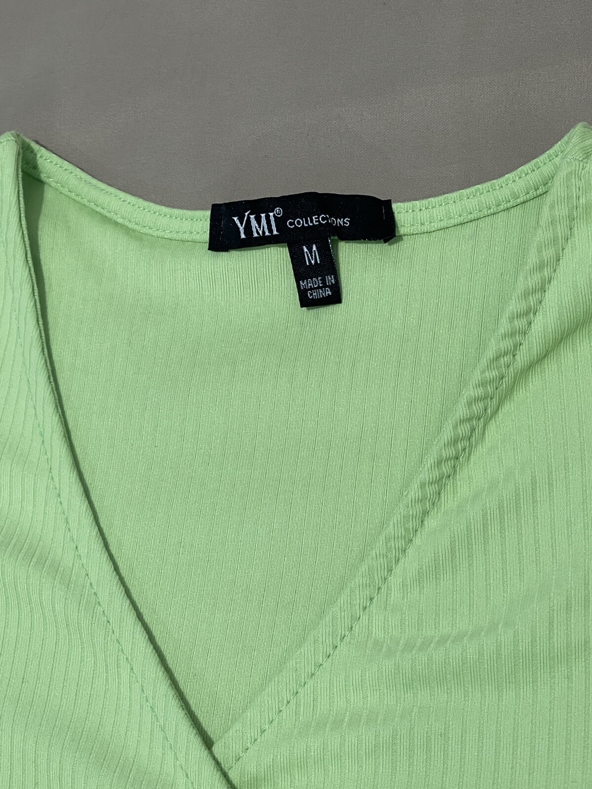 New YMI Collections Green Wrap Blouse Crop Ribbed Knit Tie Waist V-Neck ...