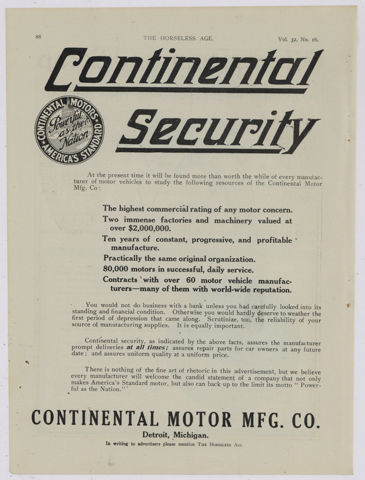 1914 Continental Motors Ad: Powerful as the Nation - Highest Commercial ...