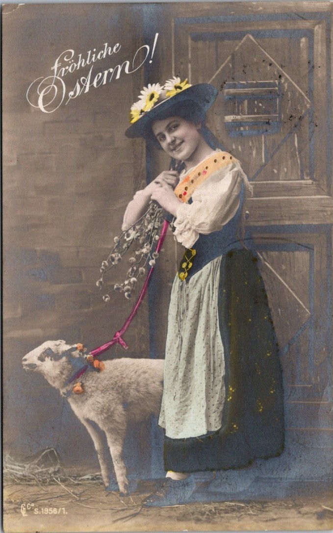 RPPC Easter Woman With Lamb On Leash Hat Flowers c1910s photo postcard ...
