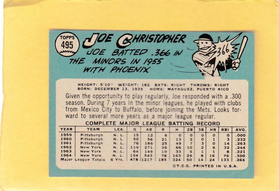 1965 Topps #495 Joe Christopher Mets EX+ Excellent+ #26537 | eBay