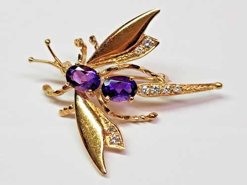 STUNNING 18ky Gold Amethyst & Diamond Accent Dragonfly Wasp Pin Brooch ...