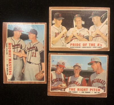 1962 Topps 1961 3 card Lot, Multiplayer cards Braves, Reds, Athletics ...