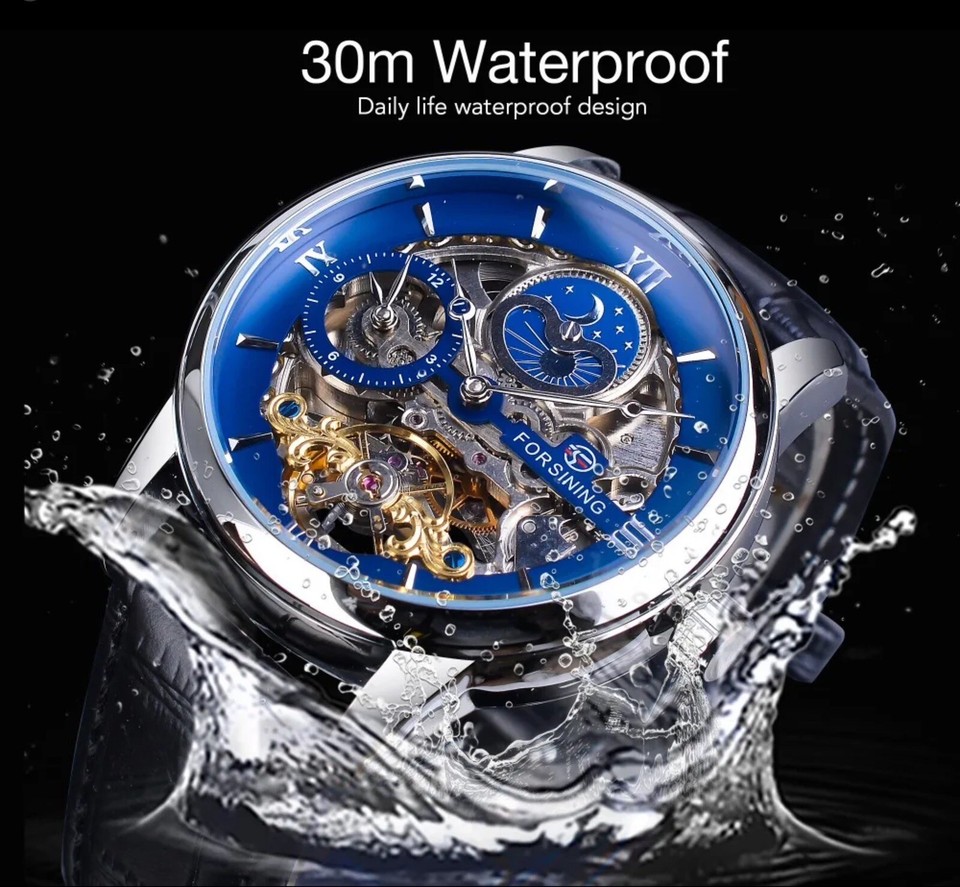 Forsining Skeleton Moon Dial Watch Mens Dual Time Zone Automatic Watch ...