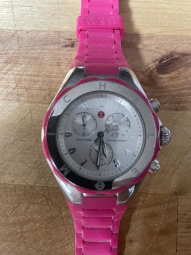 MICHELE TAHITIAN JELLY BEAN WATCH PINK & SILVER EX COND WORKS FREE ...