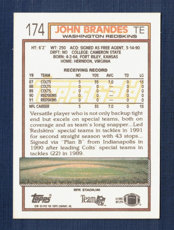 1992 Topps Gold John Brandes #174 Washington Redskins NM/MT+ | eBay