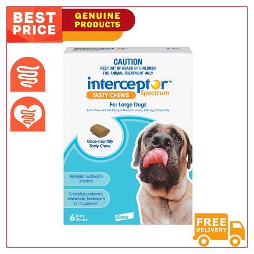 INTERCEPTOR SPECTRUM 22 to 45 Kg Blue Pack 6 chews Heartworm treatment ...