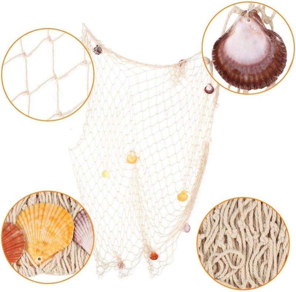 Rosoz Nature Fish Net Wall Decoration with Shells, Ocean One Size ...