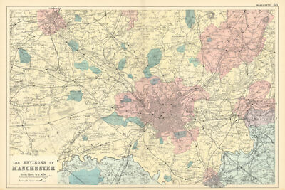 MANCHESTER & ENVIRONS Bolton Tameside Stockport Oldham antique map ...