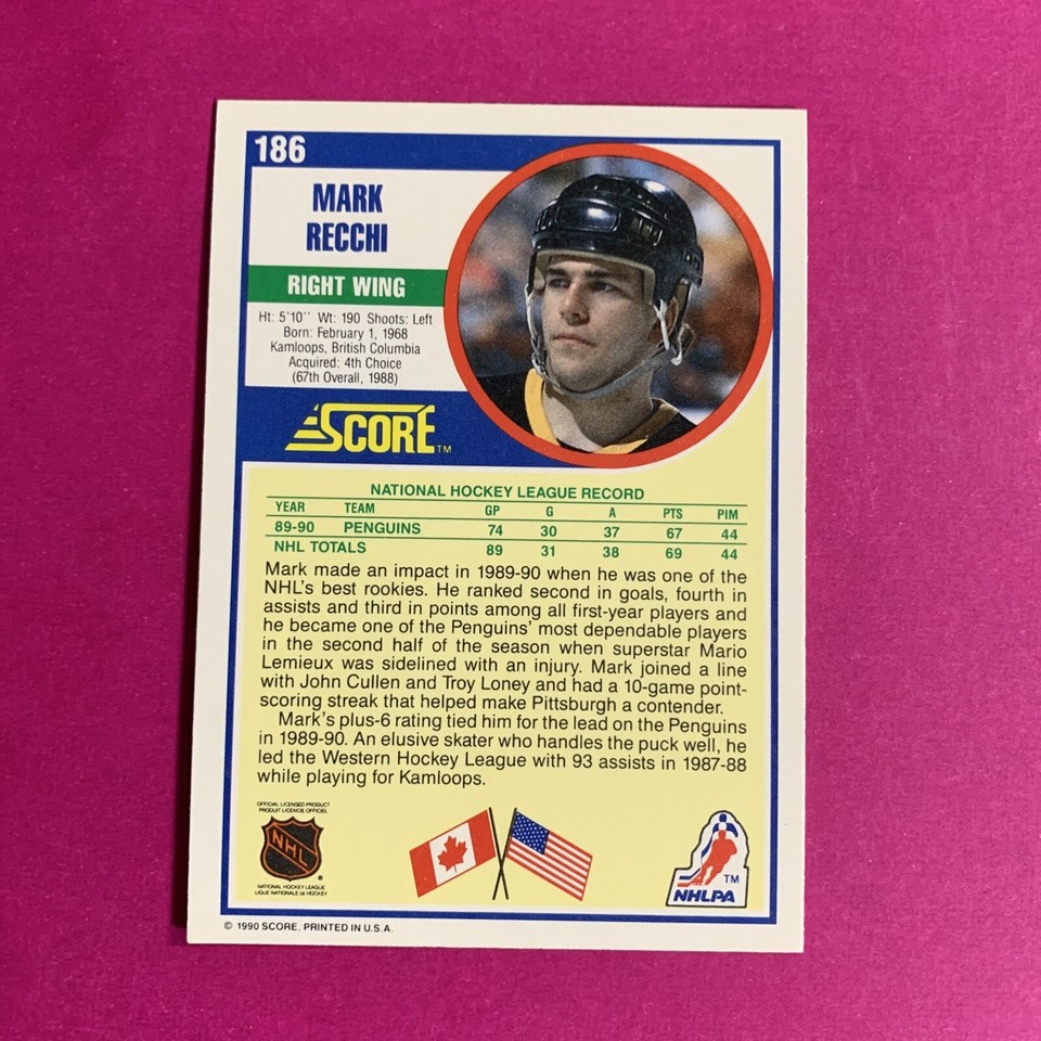 🐶 Mark Recchi 1990-91 Score ROOKIE Card #186 Penguins | eBay