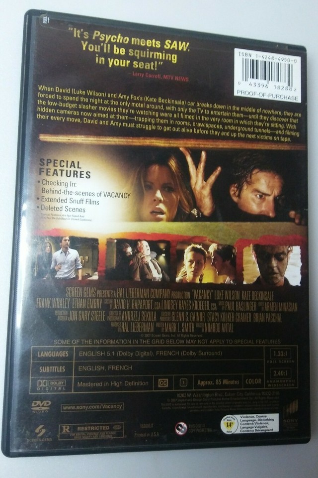 Vacancy DVD, 2007 Thriller Rated R Luke Wilson Kate Beckinsale ...