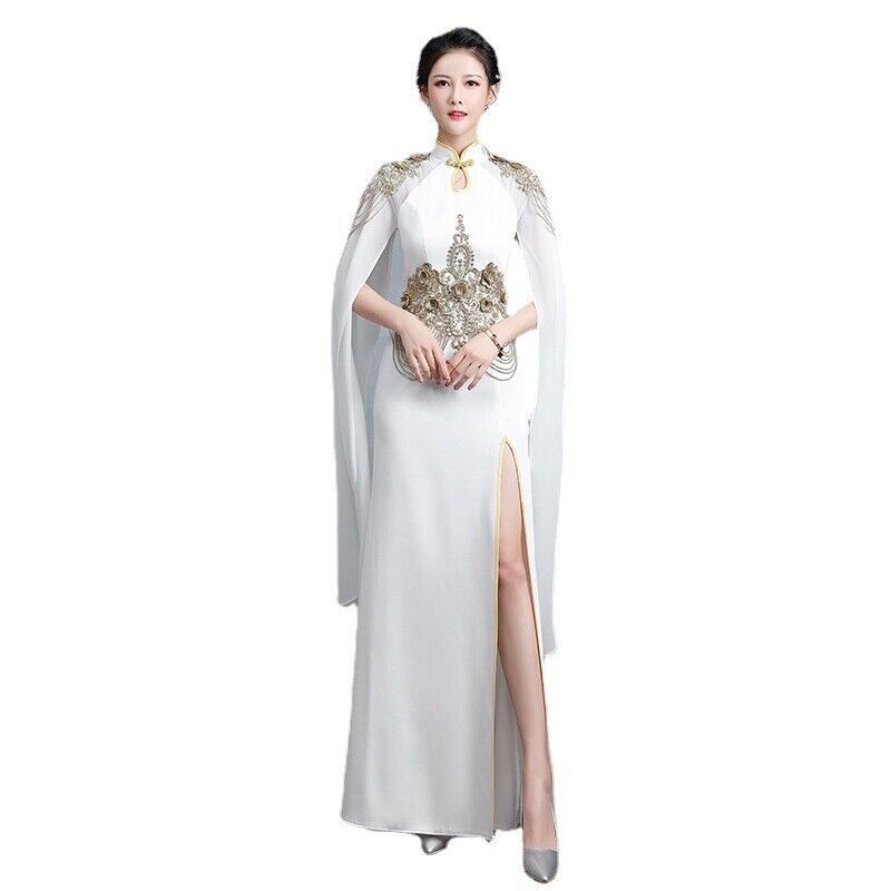 Womens Chinese Improved Cheongsam Embroidery Floral Qipao Split Sleeves ...