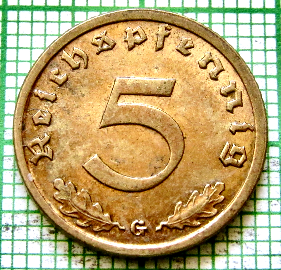 GERMANY THIRD REICH 1937 G 5 REICHSPFENNIG EAGLE HOLDING SWASTIKA km ...