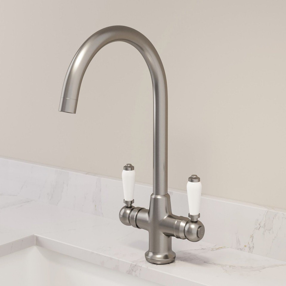 Traditional Mono Kitchen Sink Mixer Tap Twin Ceramic Lever Brushed ...