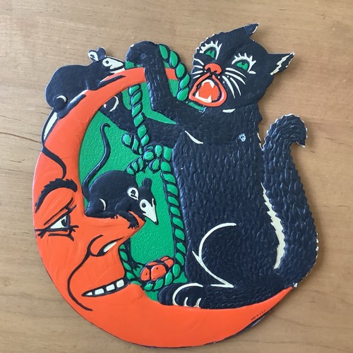 Vintage Halloween Beistle 1930s Black Cat On Moon with Mice and Rope ...