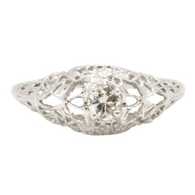 LADIES ANTIQUE 18K WHITE GOLD FILIGREE DIAMOND SOLITAIRE RIGHT HAND ...