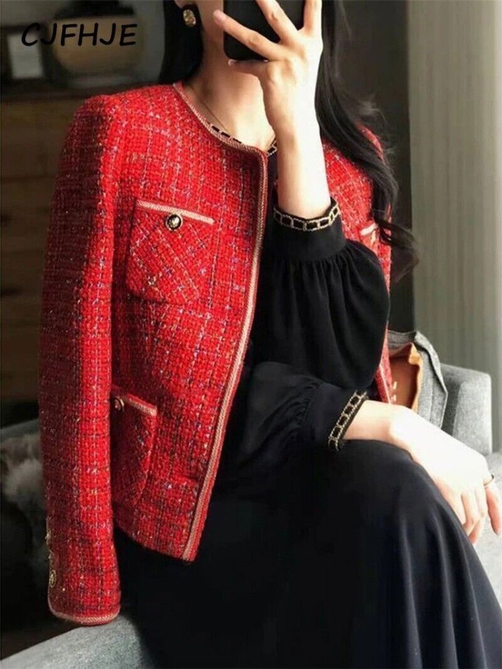Red Tweed Blazers Women New Autumn Winter Loose New Single-Breasted ...