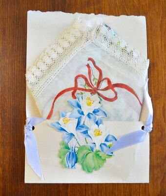 VINTAGE HANKY IN ORIGINAL POCKET FLORAL PRINT & RIBBONS BLUE BOWS LACE ...