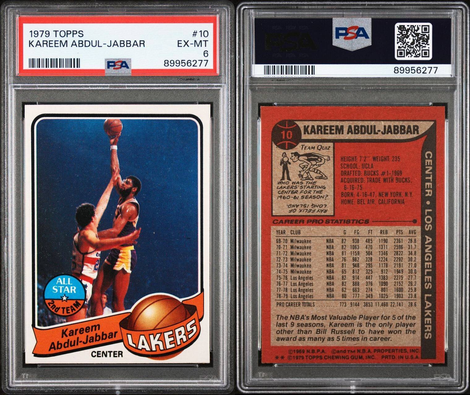1979 Topps Basketball Kareem Abdul-Jabbar PSA 6 EX-MT Lakers #10 cc59 ...