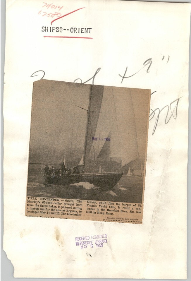 RACING CUTTER SAILBOAT 'Orient' SAN FRANCISCO BAY California 1956 Press ...