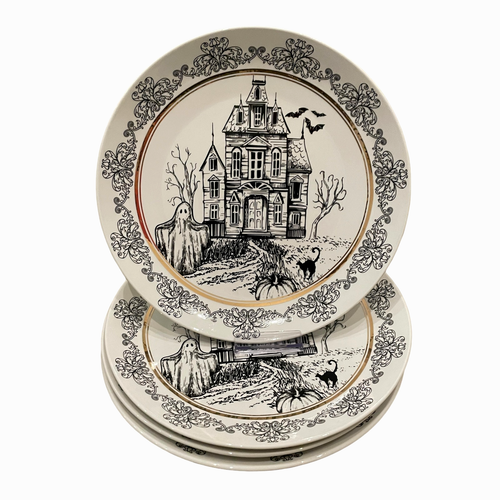 10 Strawberry St. HAUNTED HOUSE Salad Plates Set 4 Ceramic SPOOKY ...