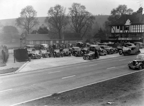 Entrants gather outside The Farningham Hotel, Kent 1938 Motor Racing ...