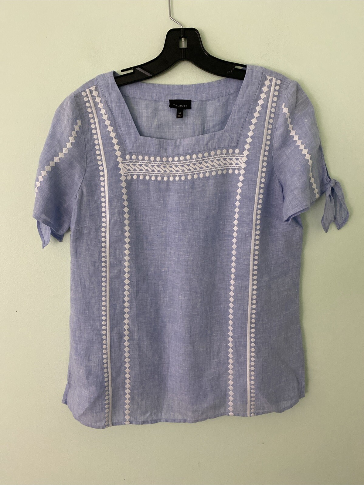 TALBOTS Square Neck Top 100:/: Linen Embroidery Blue … - Gem