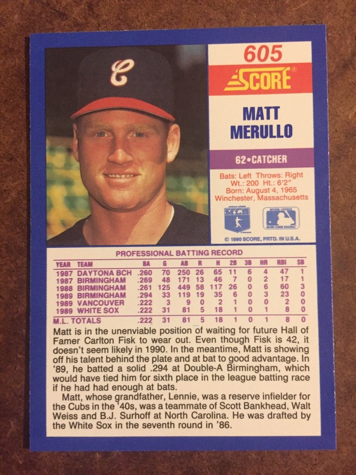 Matt Merullo 605 Score 1990 Rookie MLB Baseball Trading Card | eBay
