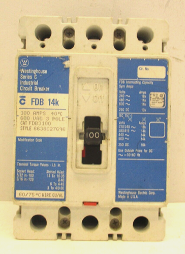 WESTINGHOUSE CIRCUIT BREAKER P/N: FDB3100 100AMP 600VAC 3 POLE 250VDC ...