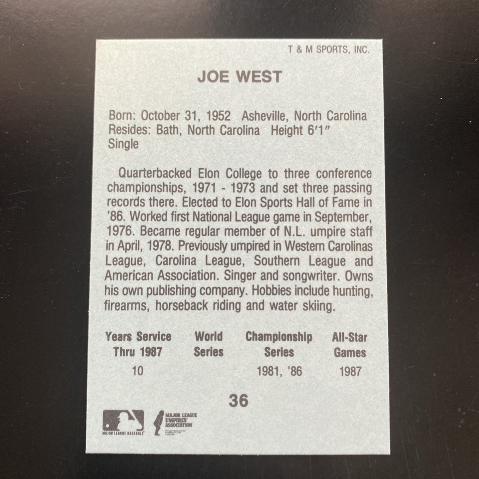 Joe West 1988 T&M Sports Umpire Card #36 | eBay