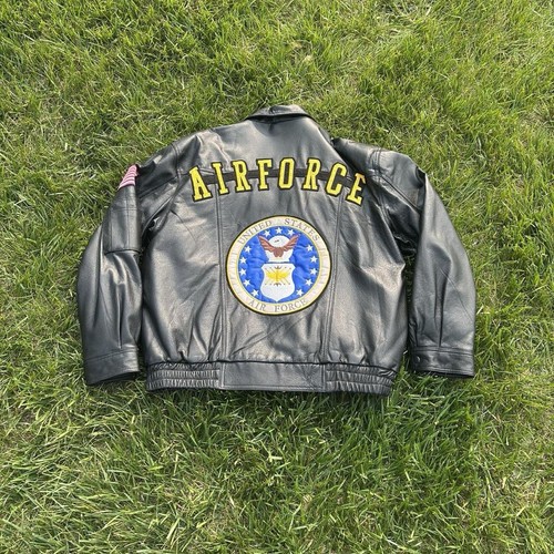 Air Force Black leather bomber jacket with embroidered patches | eBay