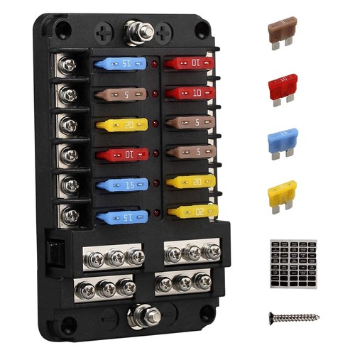 12V 12 Way Marine Fuse Fuse Panel with Ground & 12 Volt Fuse Box for ...