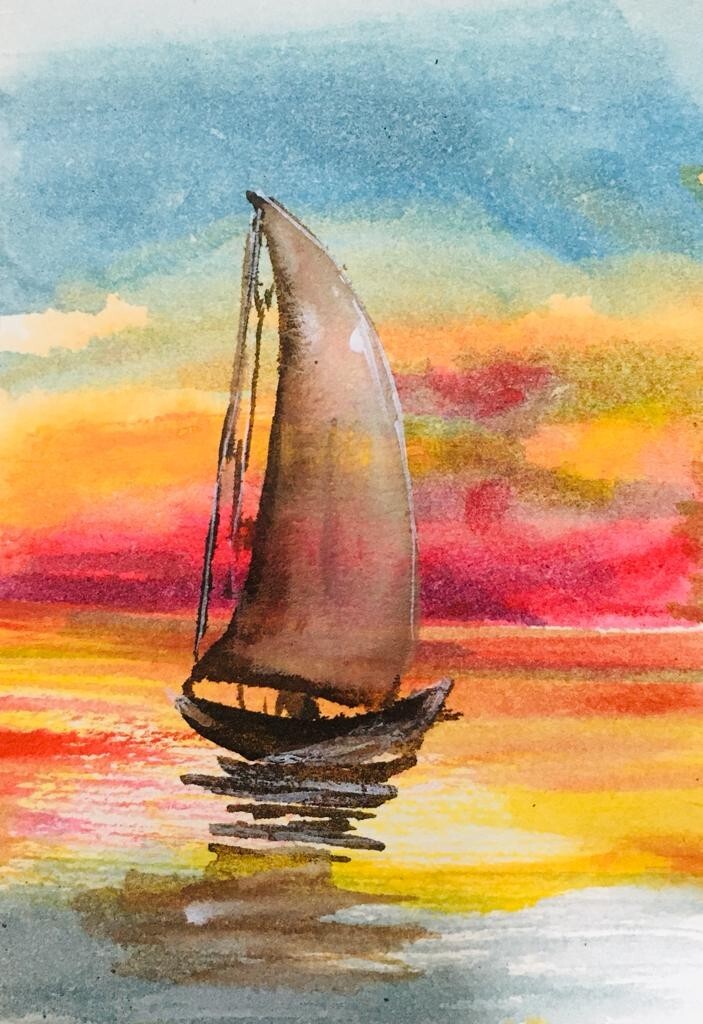 ACEO Original Painting Art Card Acrylic Color Seascape Landscape Mini ...