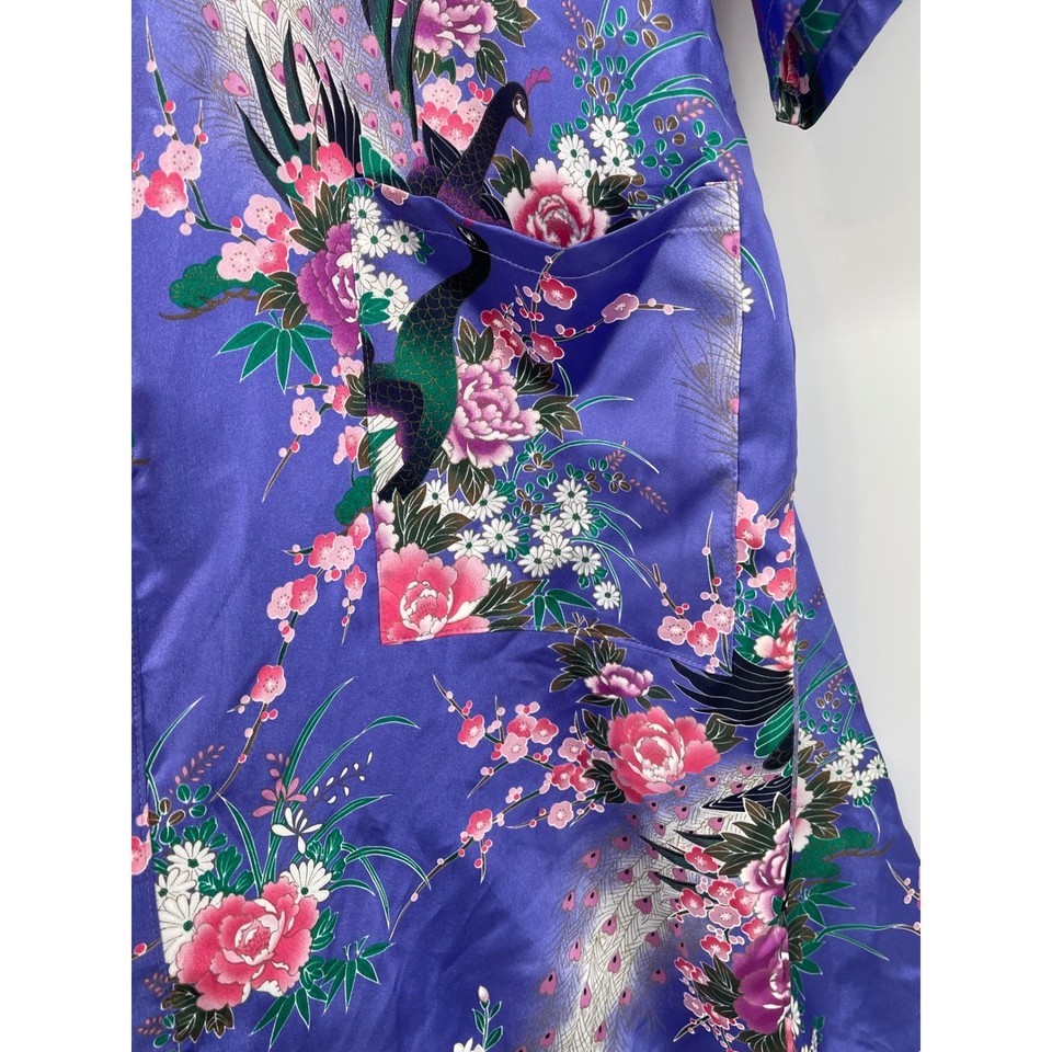 Vintage Floral Peacock Purple Pocket Japanese Kimono Robe Made in Japan ...
