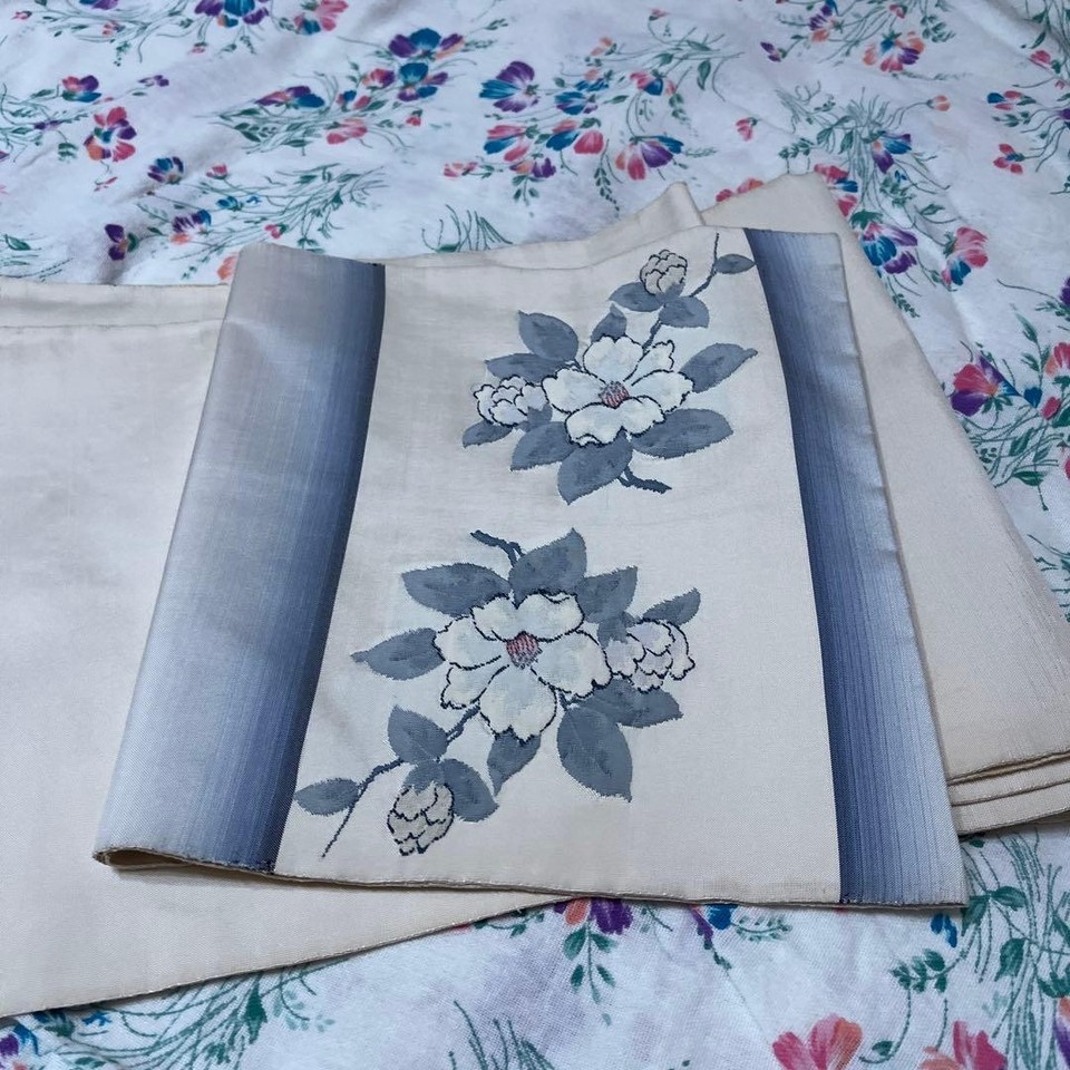Japanese Kimono Camellia Sasanqua Blue Gradation Fukuro Obi Belt | eBay UK