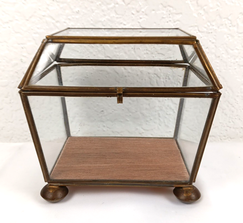 VTG Glass Brass Footed Display Case Curio Treasure Chest Box Beveled ...