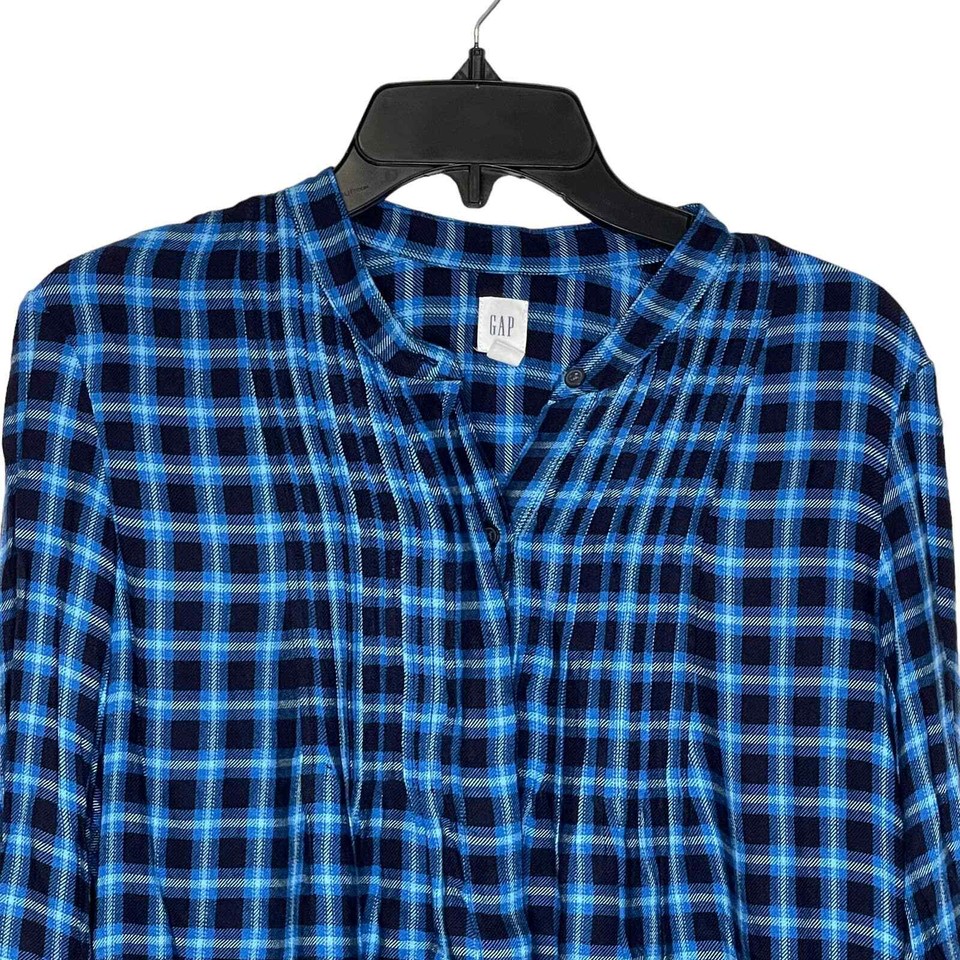 Gap Blue Plaid Pintuck Flowy Preppy Blouse Long Sleeve Front Button ...
