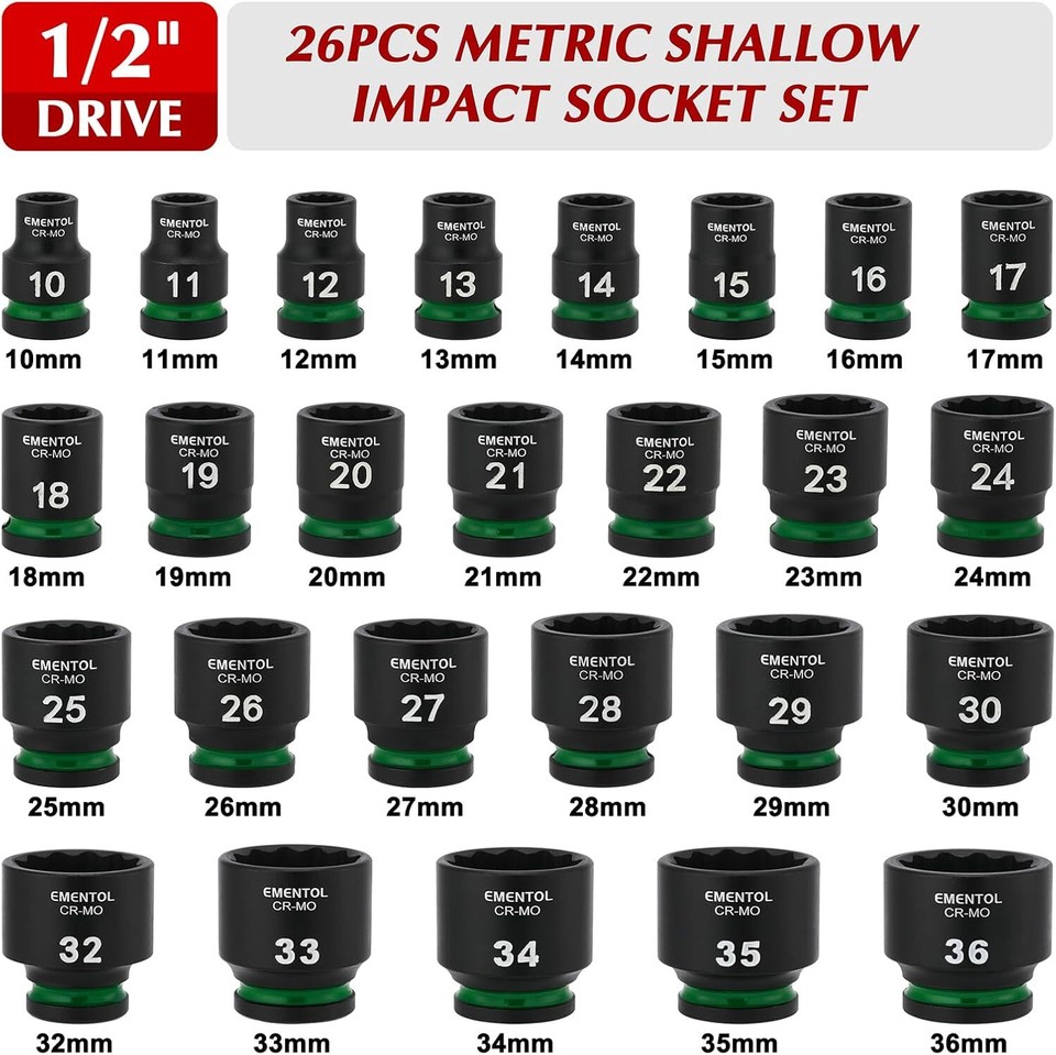 26 PCS 1/2" Drive Standard Impact Socket Set 12 Point Metric 10mm-36mm CR-MO | eBay