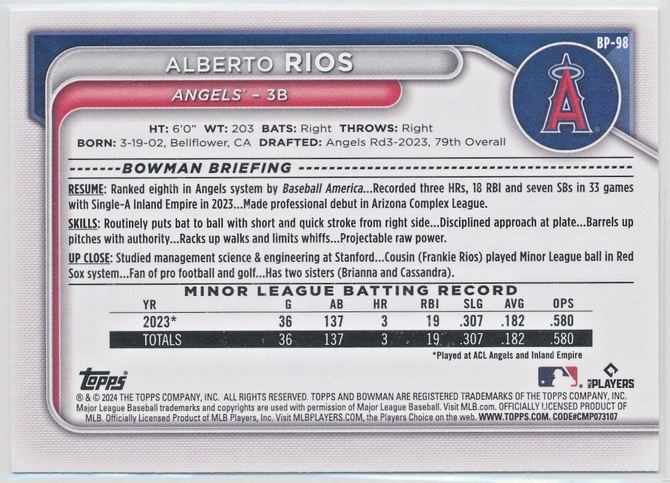 2024 Bowman Baseball - Alberto Rios - Los Angeles Angels - Prospect - # ...