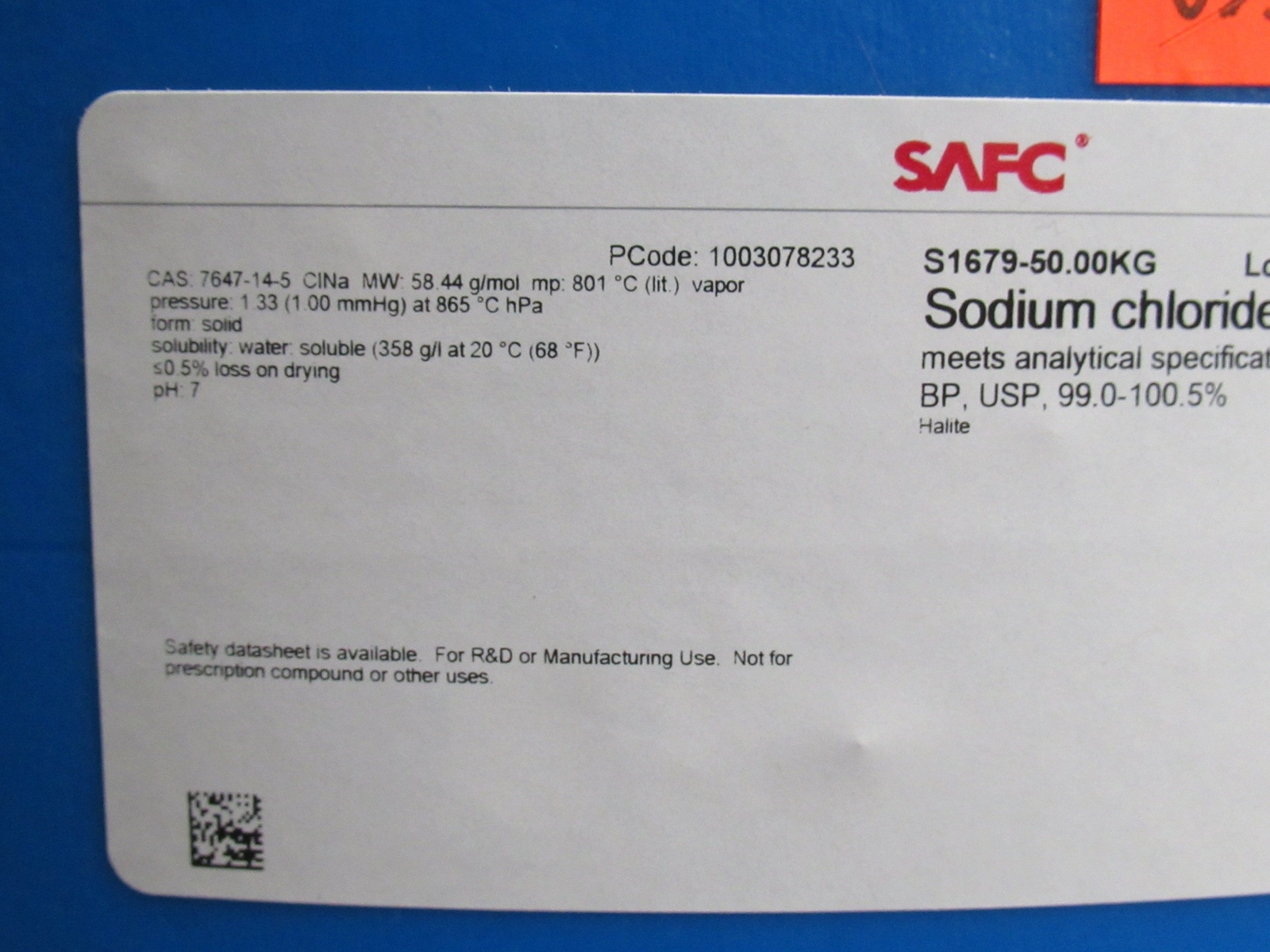 T177145 50kg Barrel Sigma Aldrich SAFC Sodium Chloride NaCl S1679-50 ...