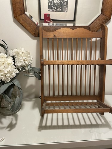 VINTAGE FOLDING PINE WALL PLATE RACK COTTAGECORE RUSTIC KITCHEN | eBay UK