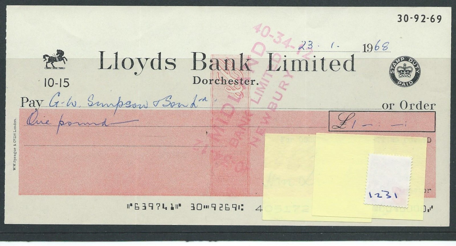 wbc. - CHEQUE - CH1231- USED -1968- LLOYDS BANK, DORCHESTER | eBay UK